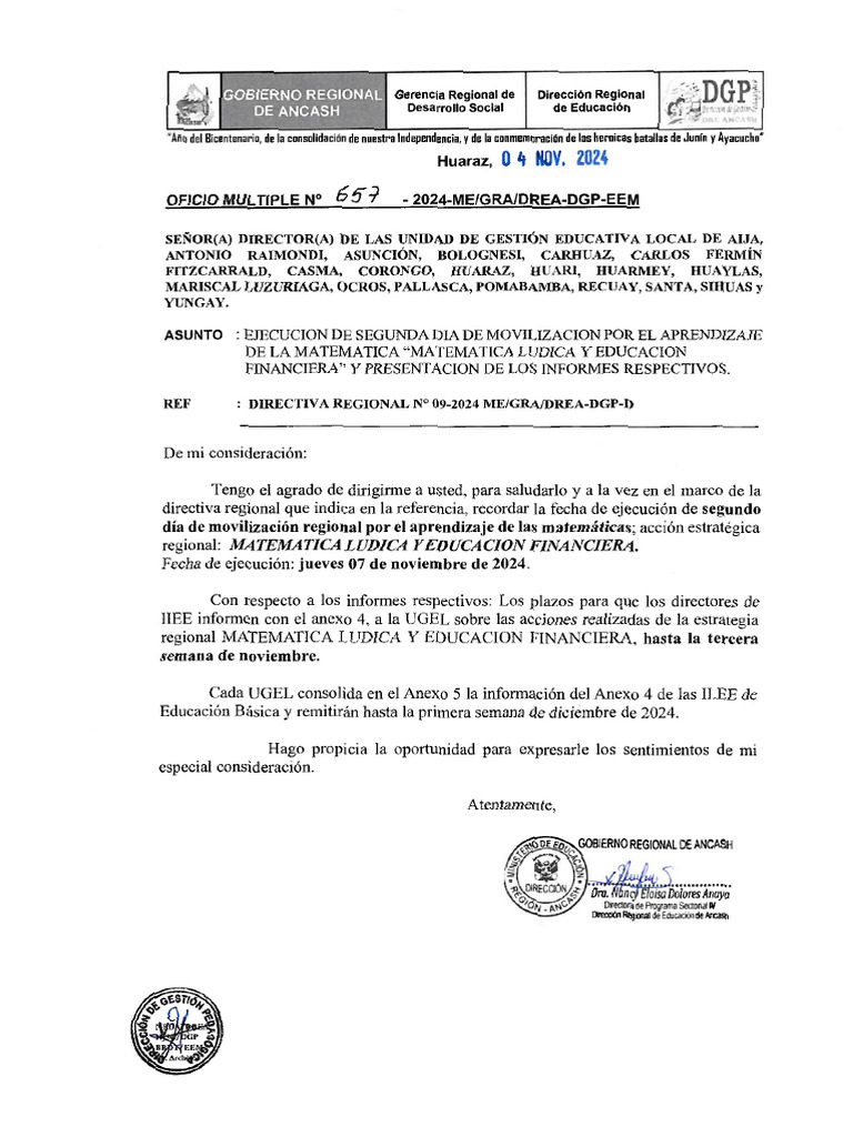 O 4 Nov.: Huaraz, Oficio Multiple #2024-ME/GRA/DREA-DGP-EEM | PDF