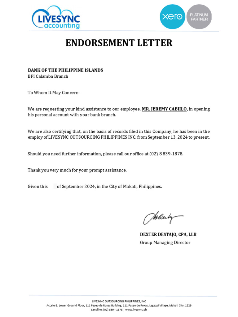 CABILLO - LiveSync PH - Endorsement Letter For BPI - Updated | PDF ...