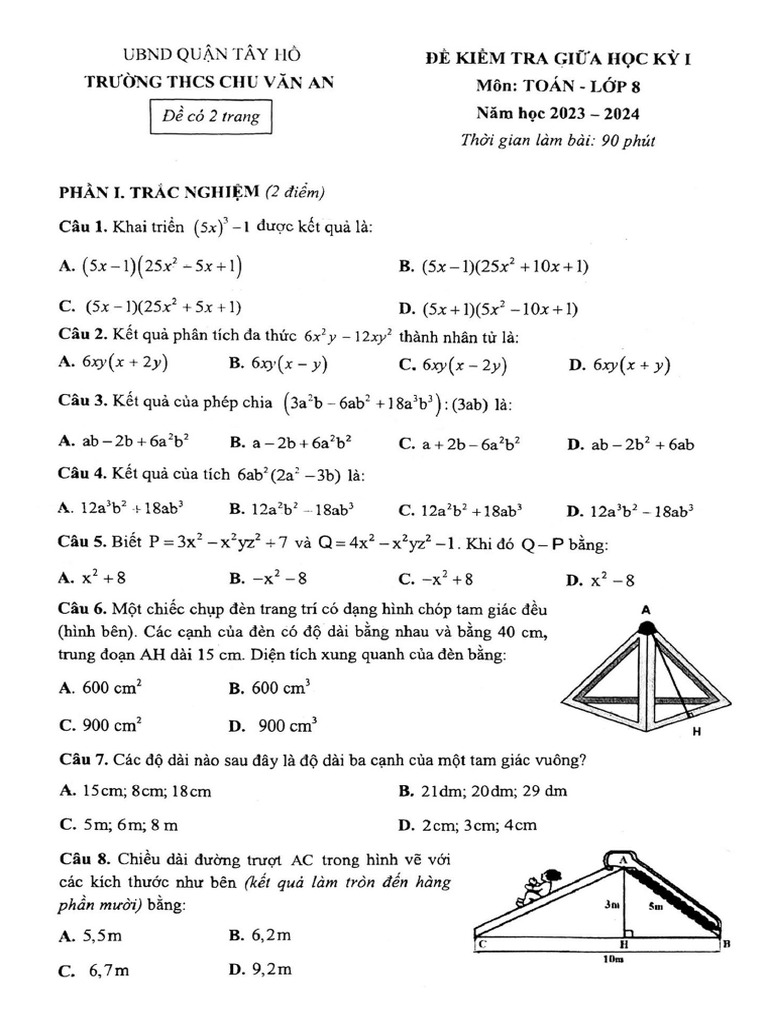 De Giua Hoc Ky 1 Toan 8 Nam 2023 2024 Truong Thcs Chu Van An Ha Noi | PDF
