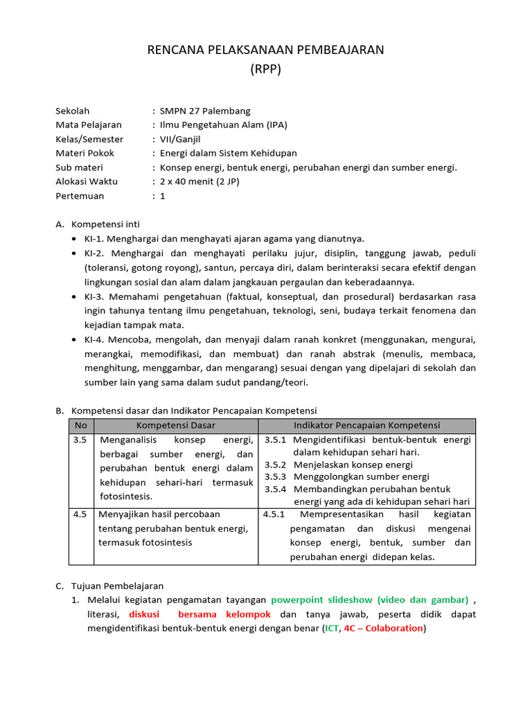 RPP IPA Kelas VII: Energi Kehidupan | PDF | Karier & Perkembangan