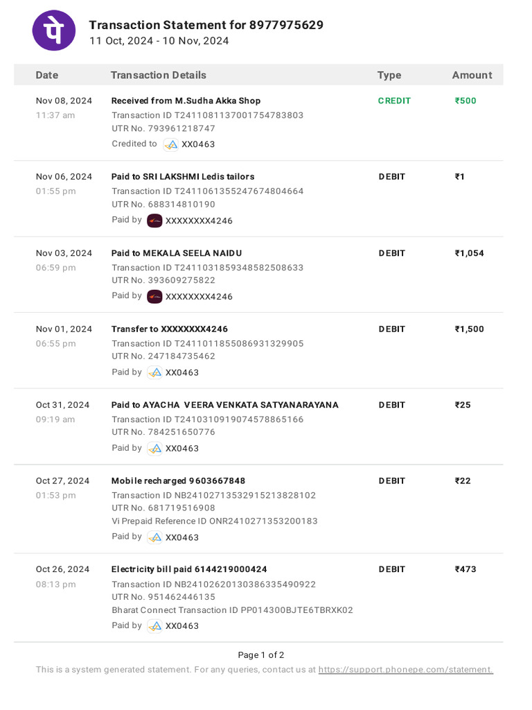 PhonePe Statement Oct2024 Nov2024 | PDF | Debit Card | Service Industries