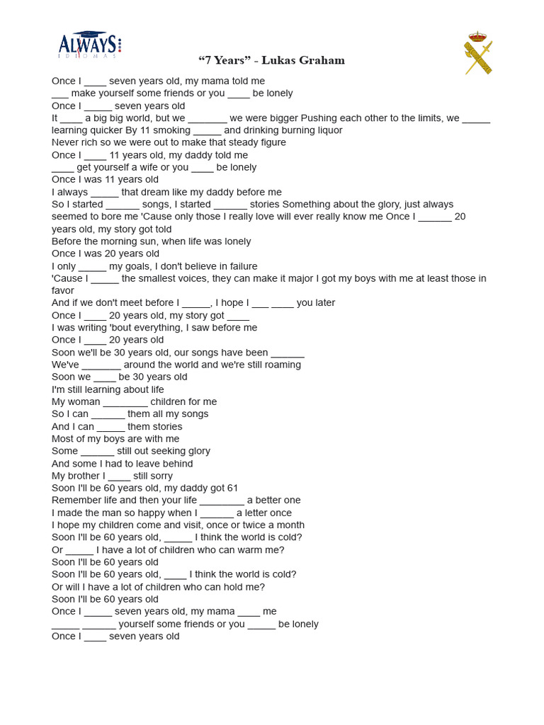 Lyrics to "7 Years" by Lukas Graham | PDF