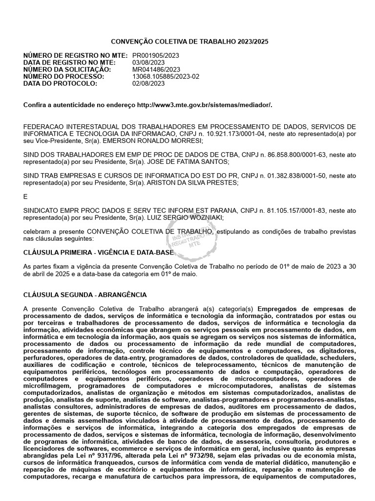 Convencoes CCT Sitepd Sintipar 2023 2025 | PDF | Férias trabalhistas | Expediente