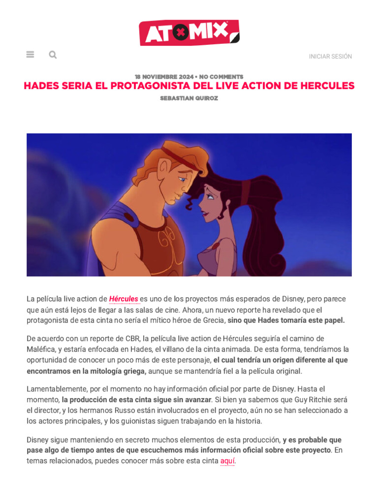 Hades Sería Protagonista en Live Action de Hércules - Atomix | PDF