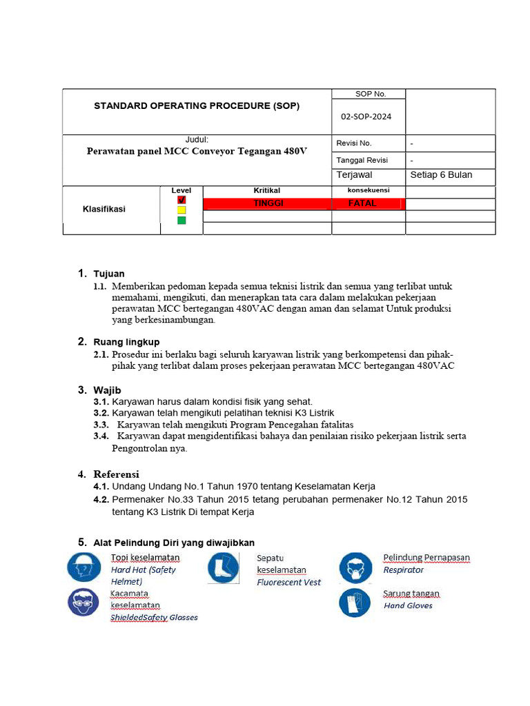 Perawatan Panel MCC Conveyor Tegangan 480V: Standard Operating Procedure (Sop) | PDF