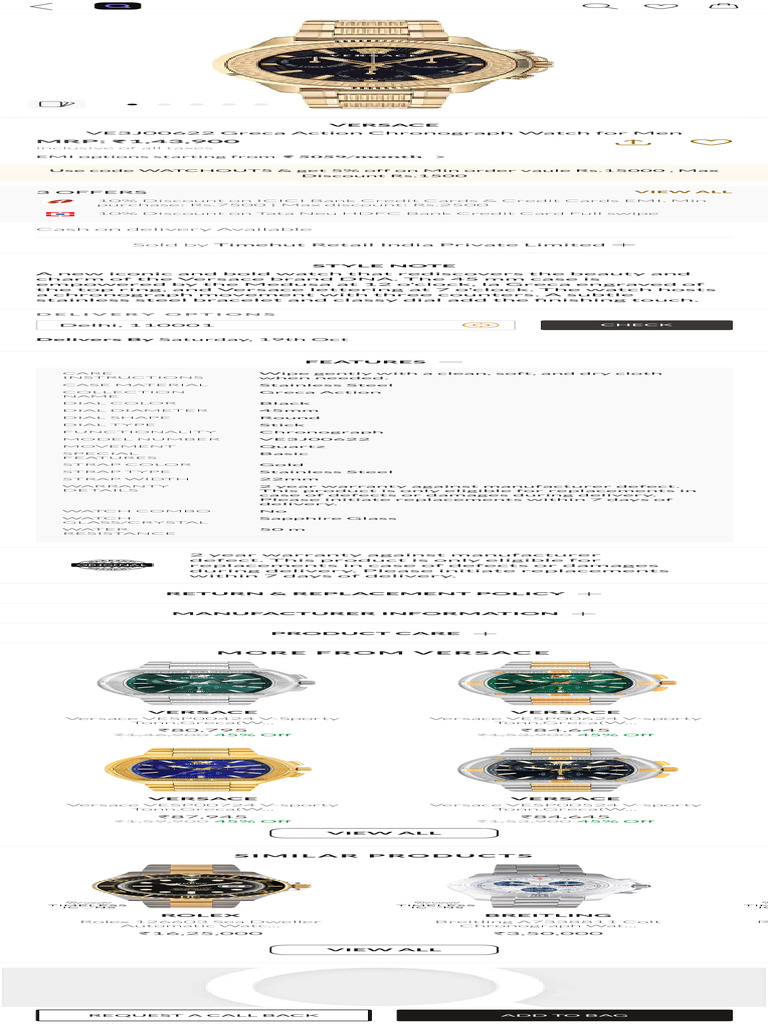 Buy Versace VE3J00622 Greca Action Chronograph Watch For Men Online at ...