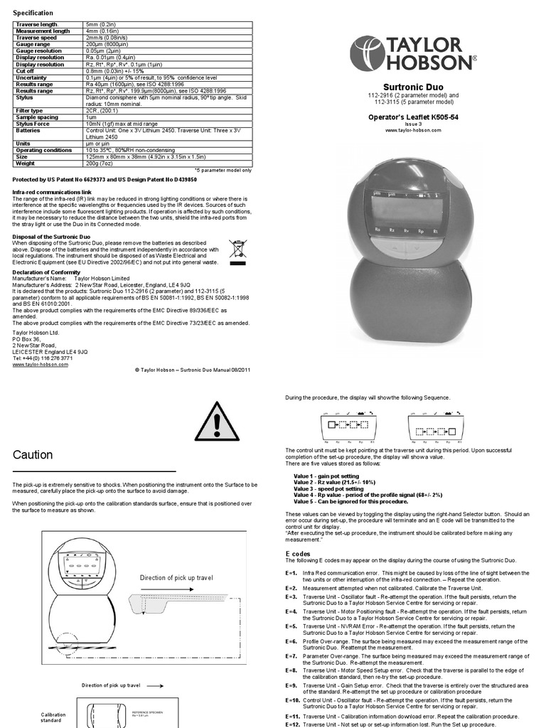 Surtronic Duo Handbook | PDF | Calibration | Battery (Electricity)
