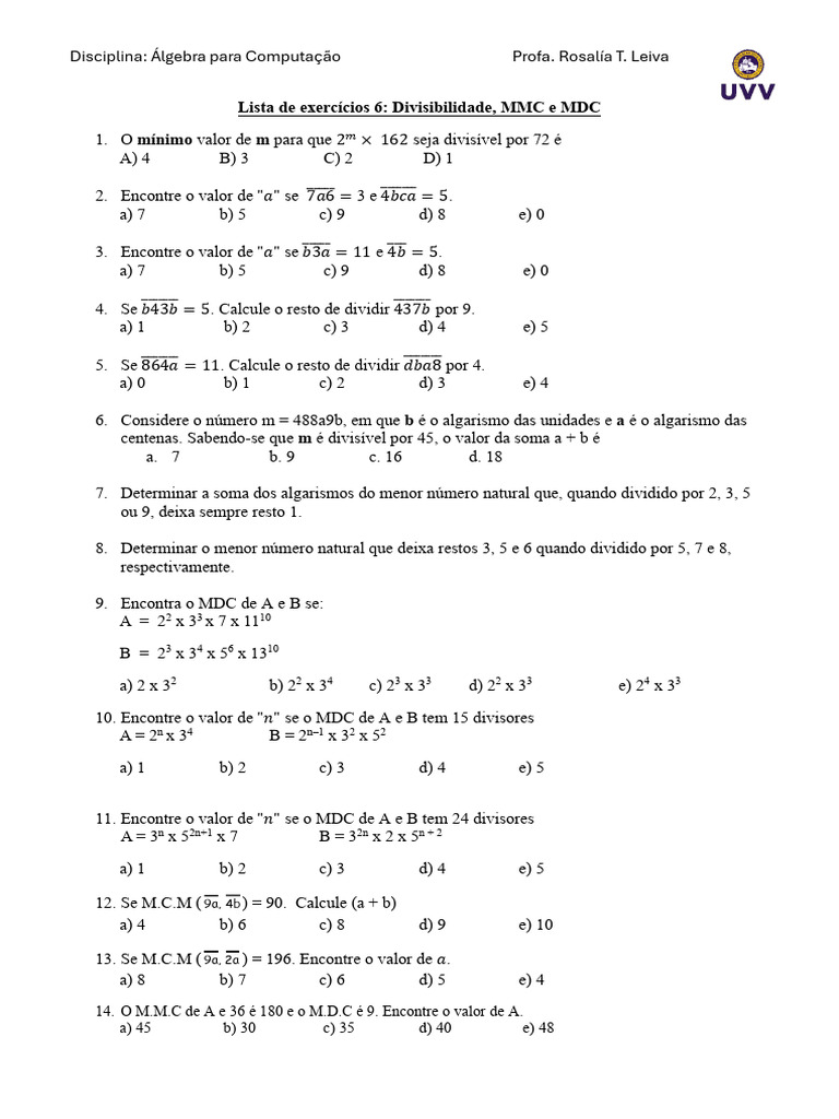 6 Divisibilidade MMC MDC | PDF | Divisão (Matemática) | Matemática elementar
