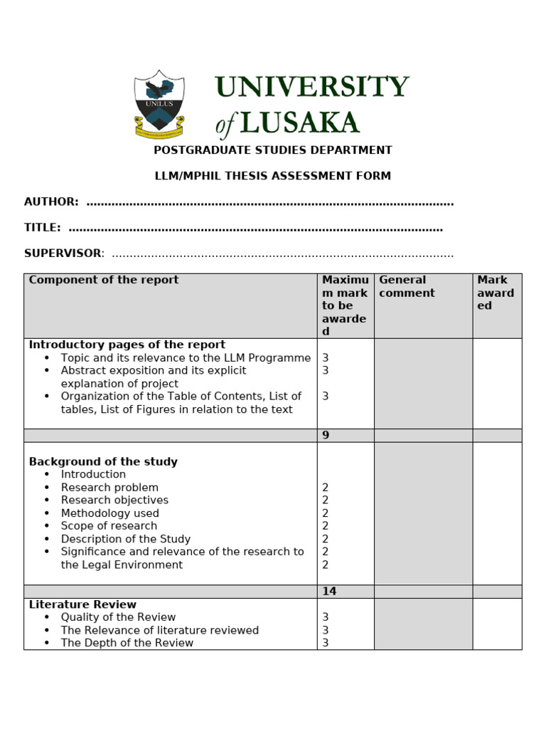 LLM THESIS ASSESSMENT FORM. New | PDF | Thesis