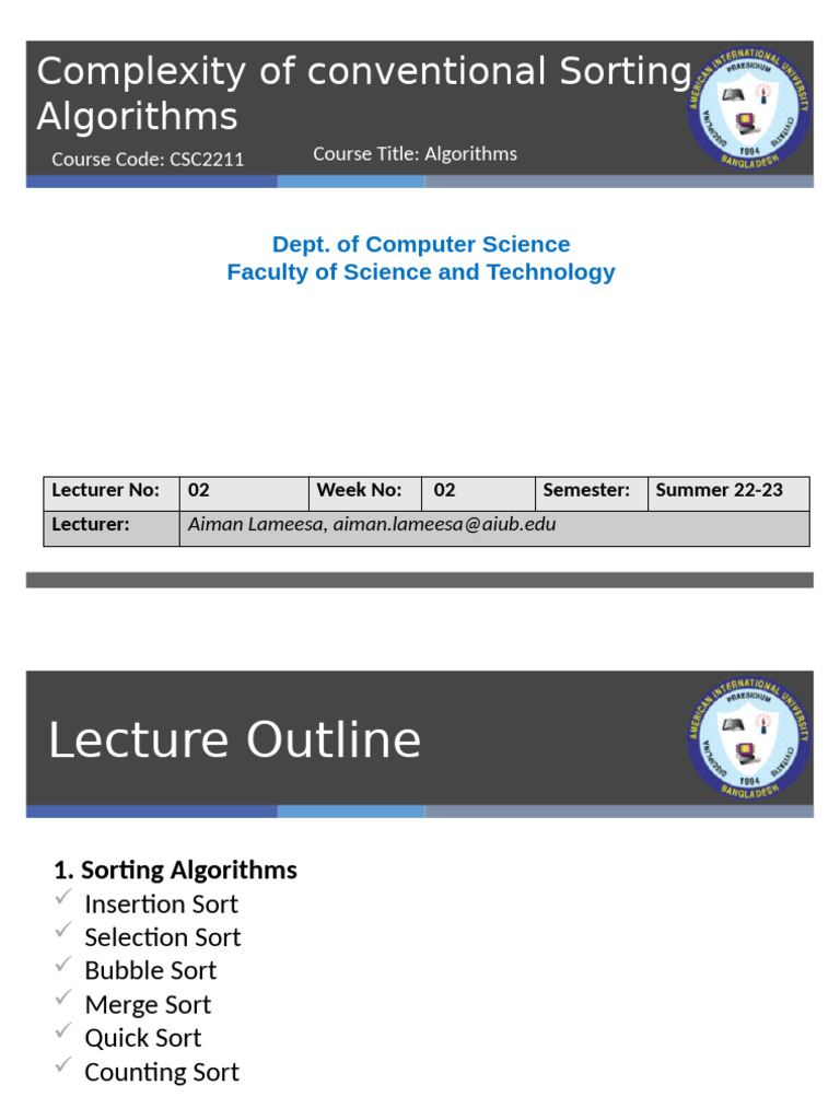 Lecture 2 Insertion, Selection, Bubble Sort Algorithms | PDF | Computer Science | Computing