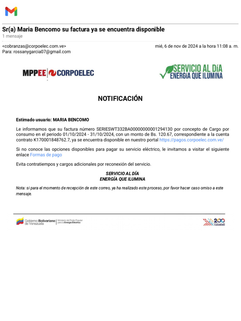 Gmail - SR (A) Maria Bencomo Su Factura Ya Se Encuentra Disponible | PDF