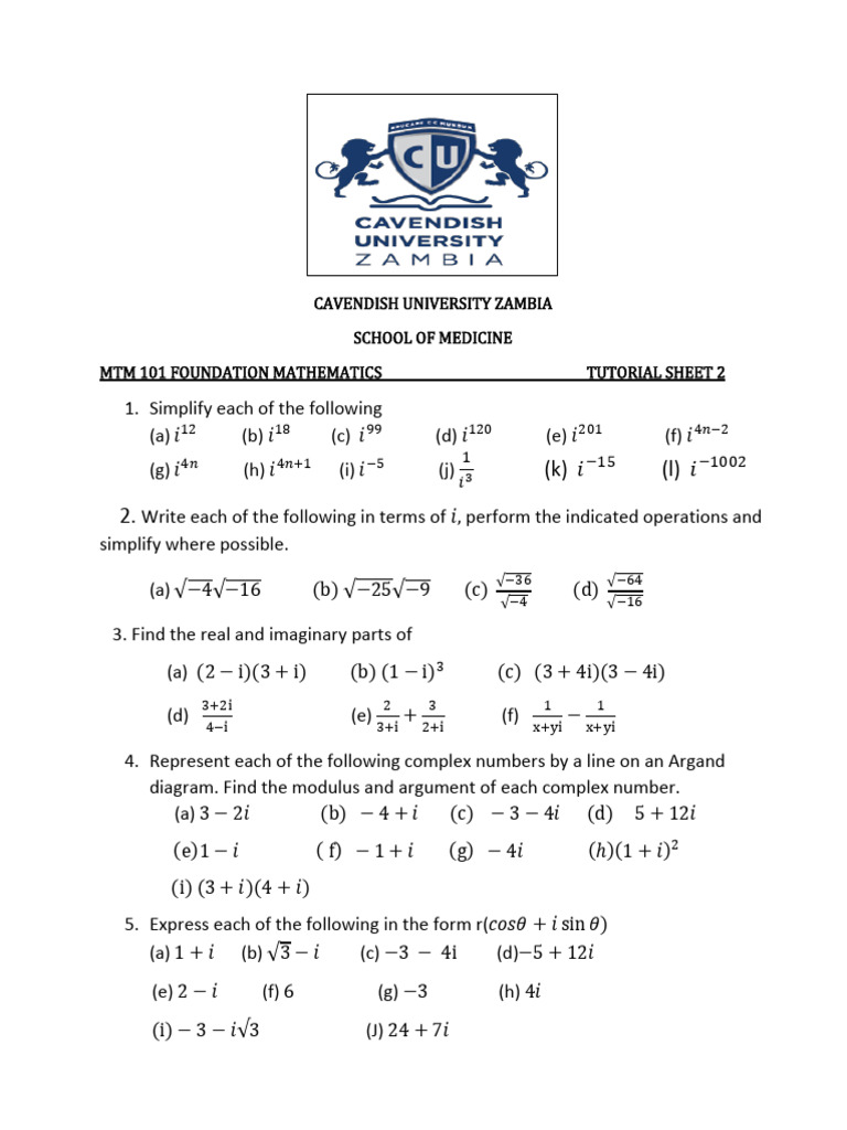 MTM 101 Tutorial Sheet 2 - Complex Numbers | PDF | Complex Number | Numbers