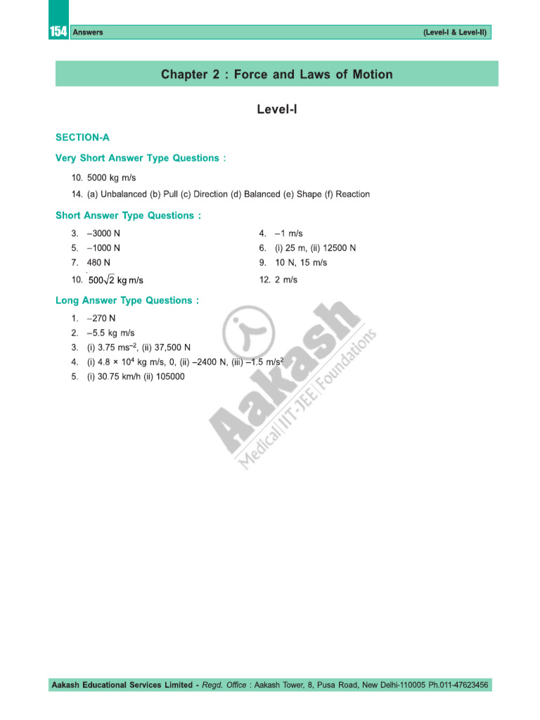 Force and Laws of Motion 9 Answer Key Aakash | PDF