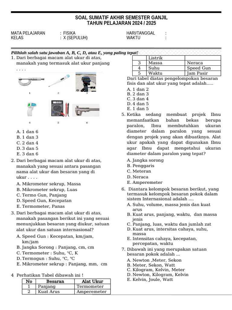 Soal Pas Fisika Kelas X Kumer 2023 2024 | PDF