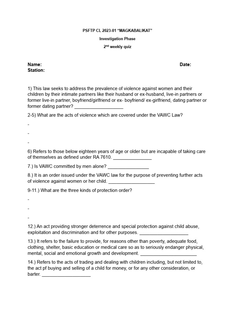 VAWC Law Quiz and Child Protection Insights | PDF | Violence | Violence ...