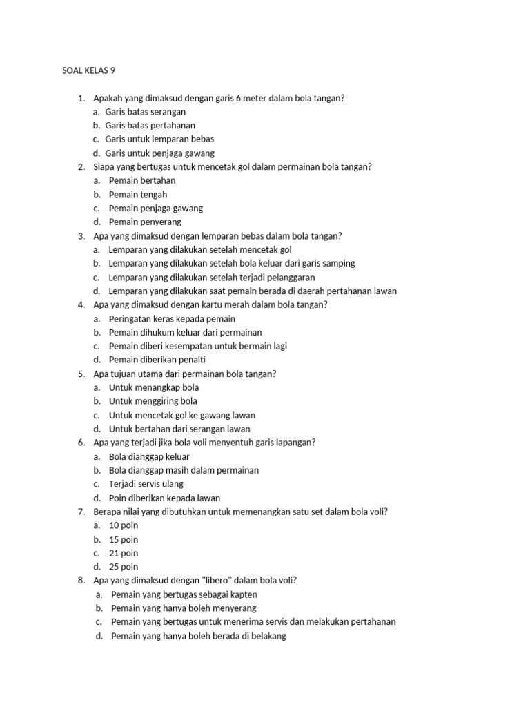 SOAL KELAS 9 Pjok Semester 1 | PDF | Olahraga & Rekreasi