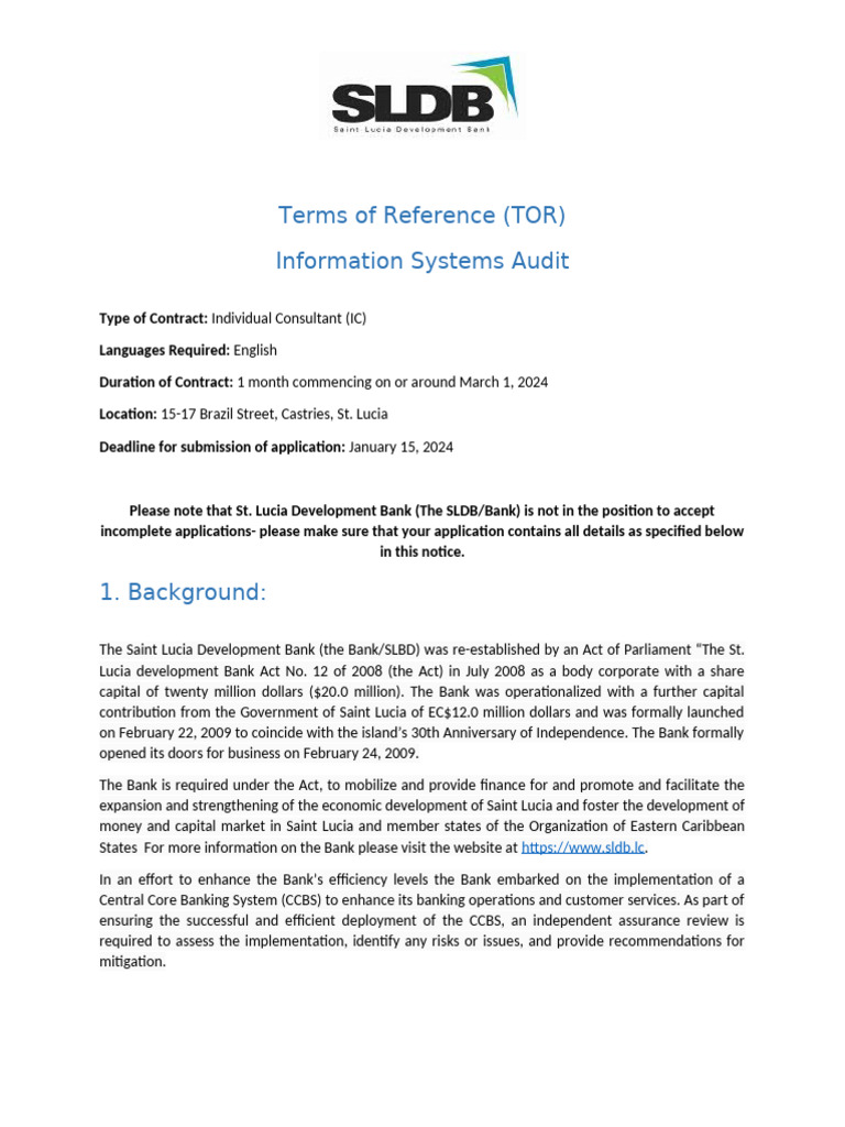 IT Audit Terms of Reference SLDB | PDF | Risk | Internal Audit