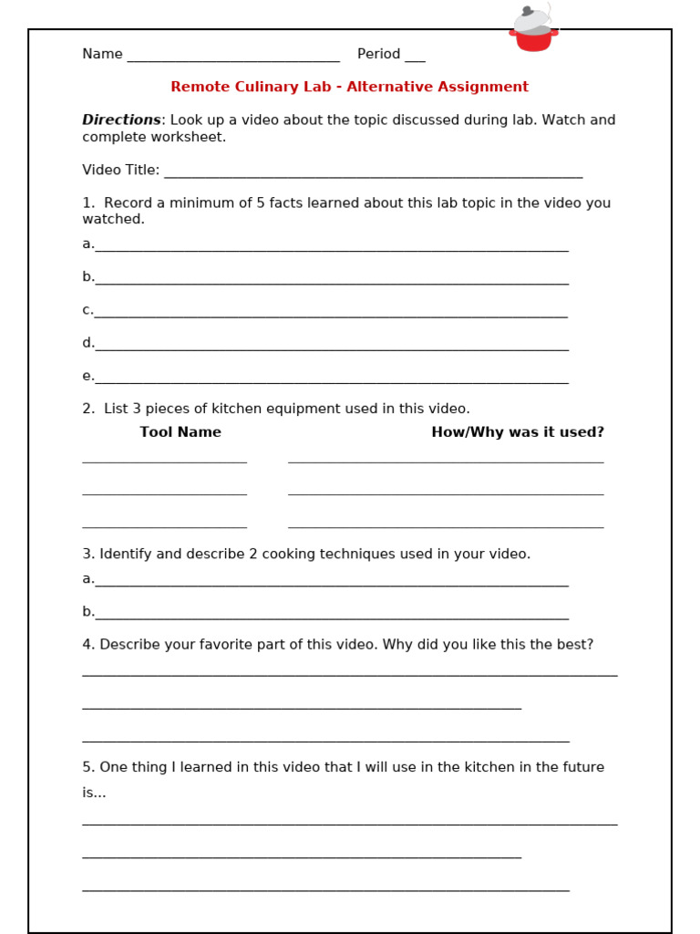 Remote Culinary Lab Video Worksheet | PDF