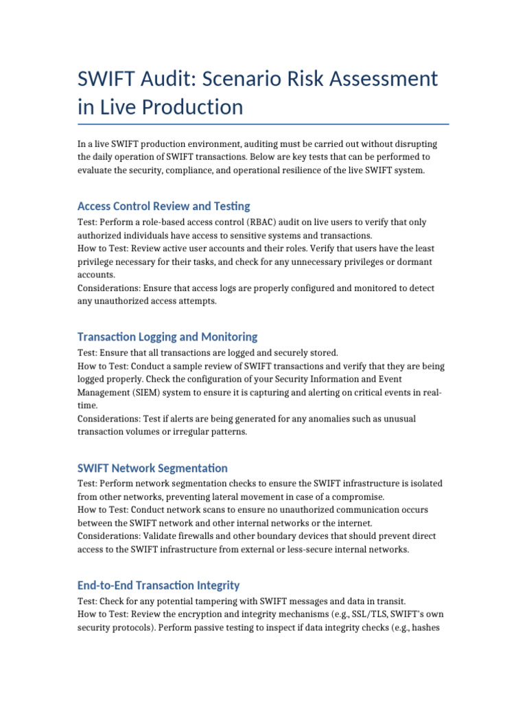 SWIFT Audit Scenario Risk Assessment | PDF | Computer Network ...