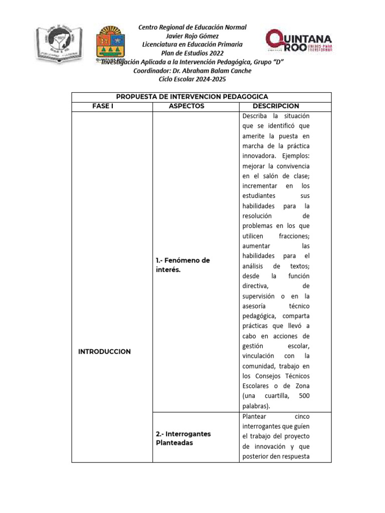 Esquema Del Proyecto de Investigacion Aplicada A La Intervencion Pedagogica. | PDF | Plan de ...