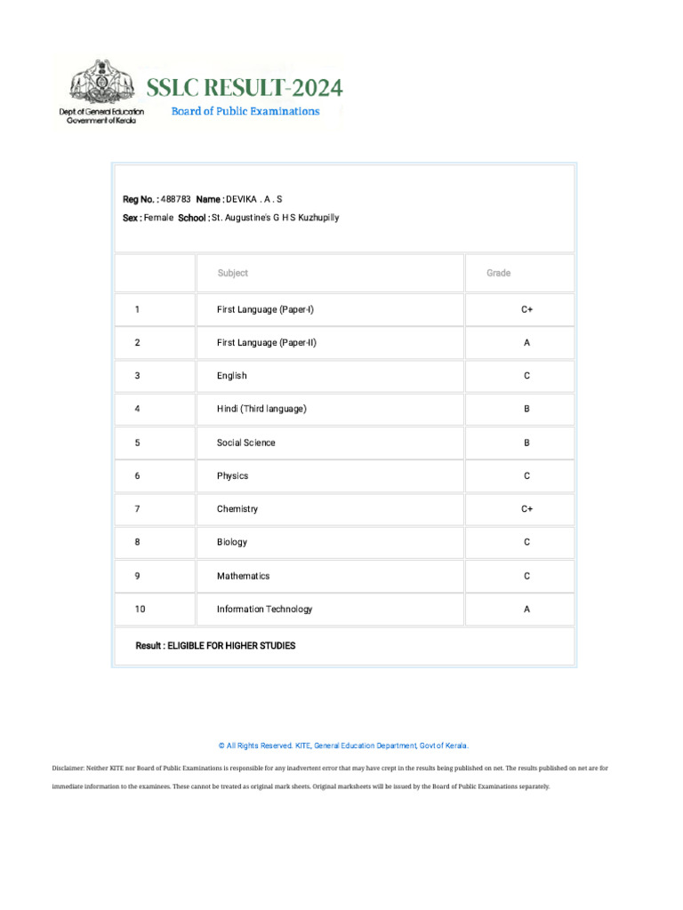 Reg No. - 488783 - SSLC Result 2024 | PDF | Secondary Education ...