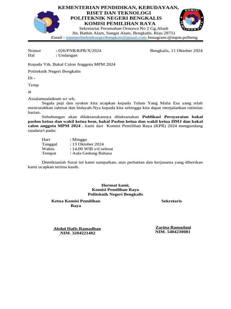 026 - Surat Undangan Bakal Calon MPM 2024 | PDF