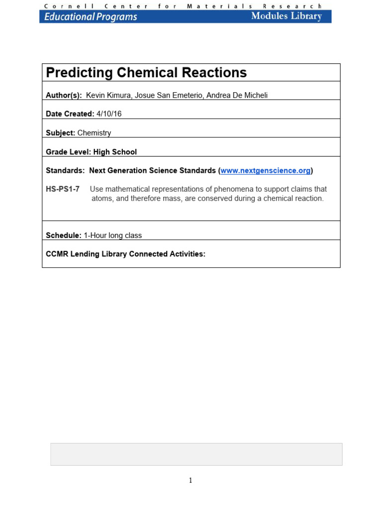 Predicting Chemical Reactions Module HS | PDF | Chemistry | Stoichiometry