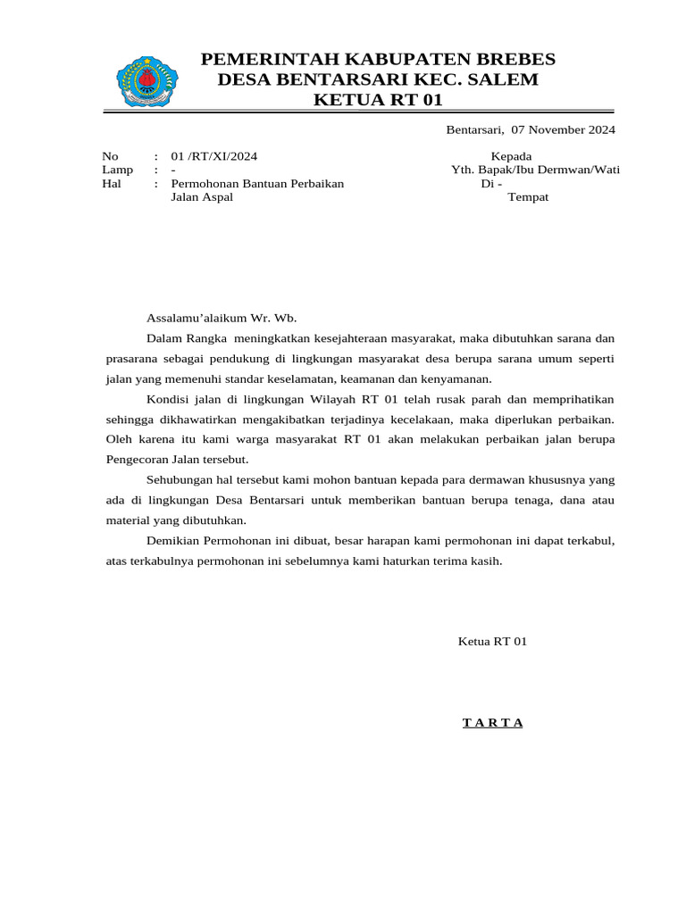 Permohonan Perbaikan Jalan Rt 01 Bentarsari Pdf