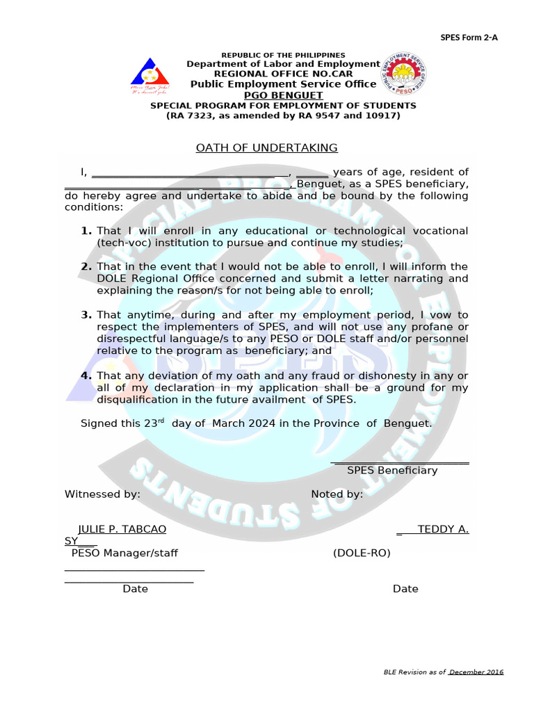 Spes Form 2a Oath of Undertaking - Final | PDF | Business | Finance ...