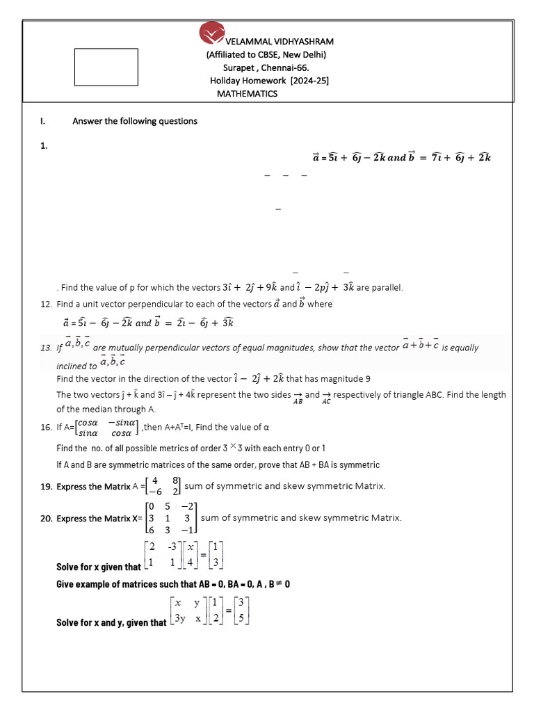 Grade 12 Maths Holiday Home Work Worksheet | PDF | Matrix (Mathematics ...