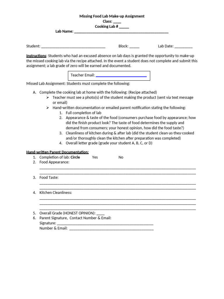 Missing Food Lab Make-Up Assignment Class: - Cooking Lab # - Lab Name | PDF | Foods | Food And ...