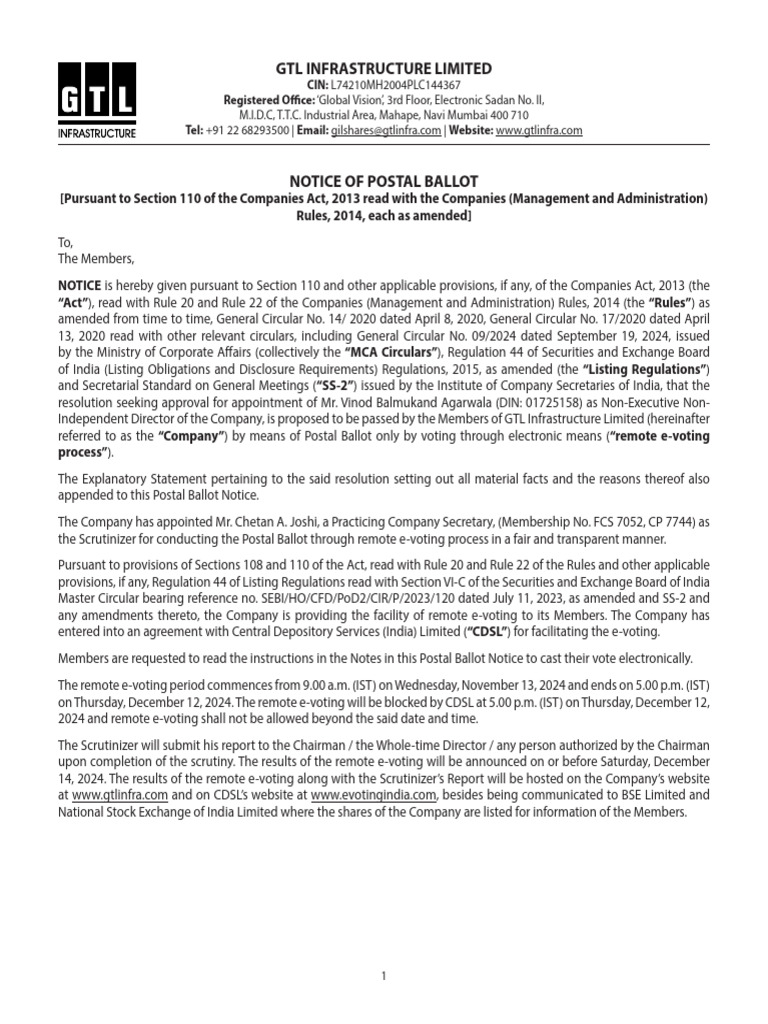 GTLINFRA_PBN_20241029 | PDF | Login | Electronic Voting