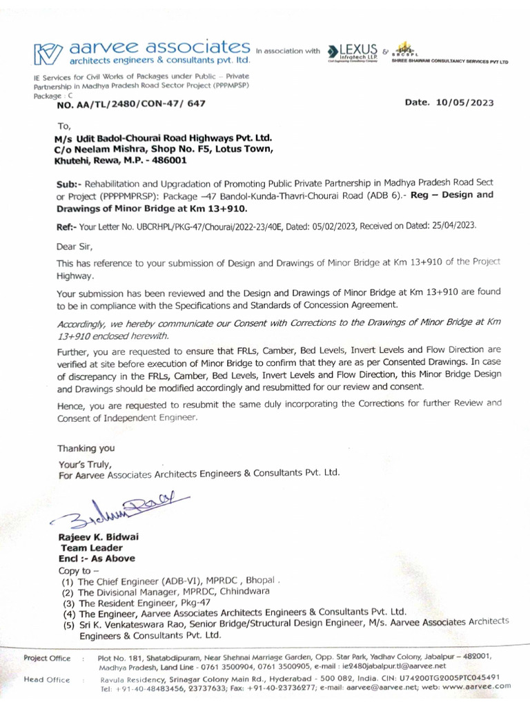 TL Letter No. 647 Design and Drawings of Minor Bridge at KM 13+910. | PDF