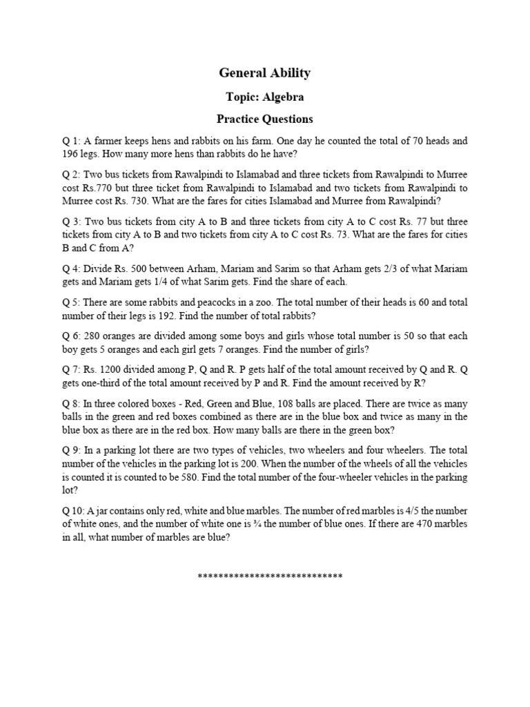 Algebra, Practice Questions For Css Pms | PDF