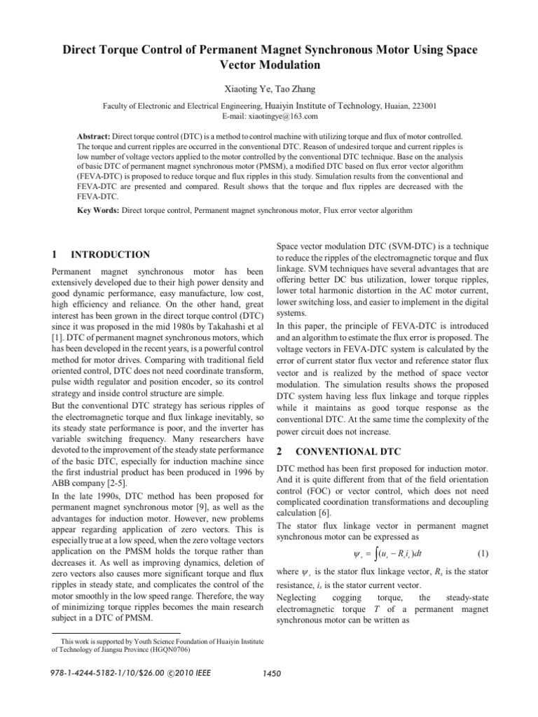 Direct Torque Control Of Permanent Magnet Synchronous Motor Using Space Vector Modulation Pdf