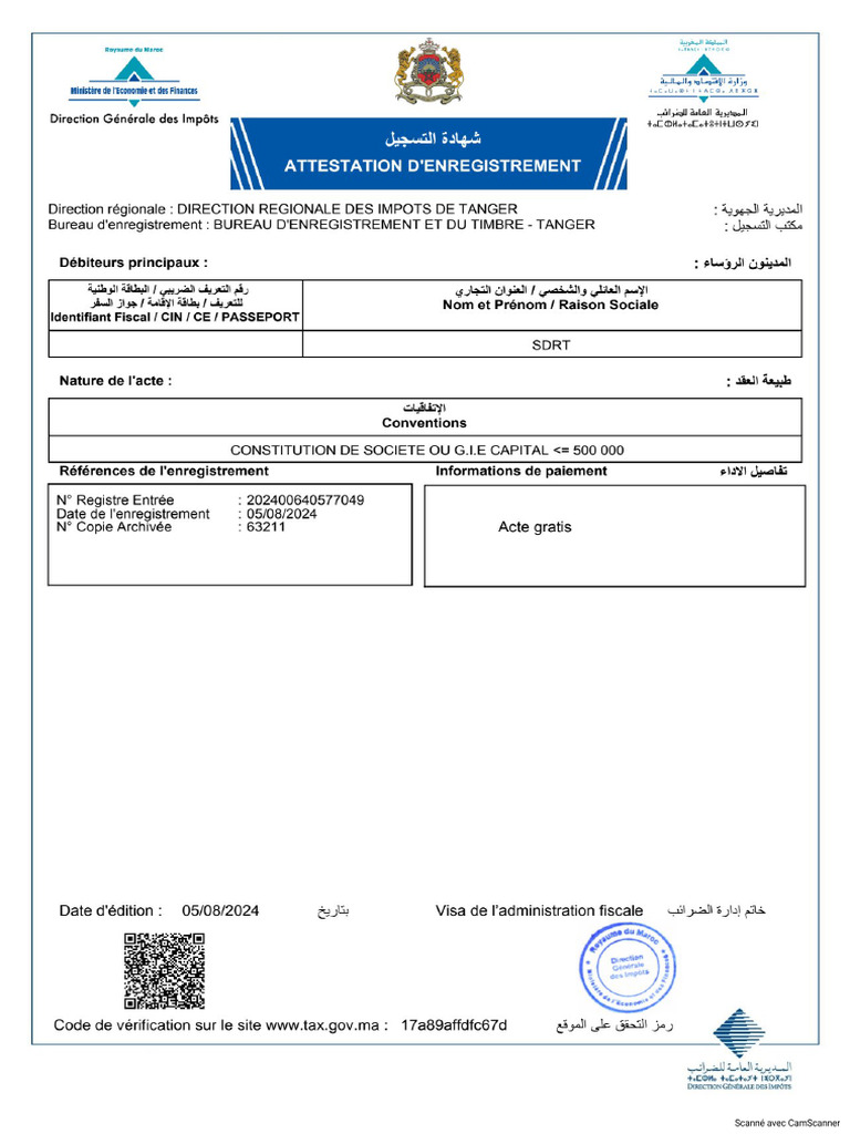 Attestation D'enregistrement Statut-3 | PDF