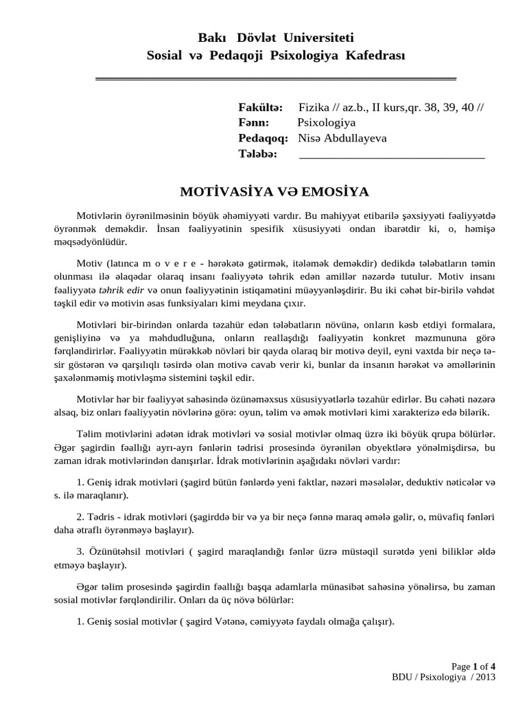 Emosiya Ve Motivasiya | PDF