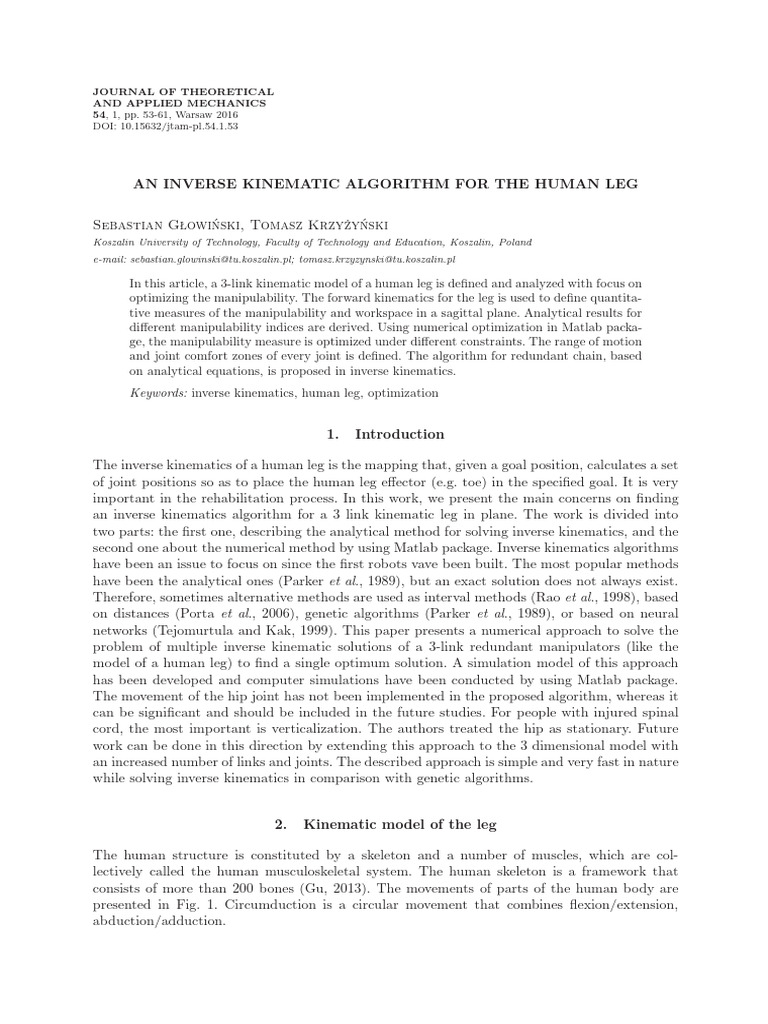 An Inverse Kinematic Algorithm For The Human Leg | PDF | Kinematics | Anatomical Terms Of Motion
