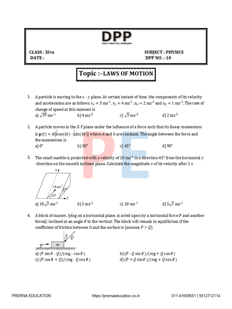 Force and Laws of Motion DPP 10 Min | PDF | Force | Friction