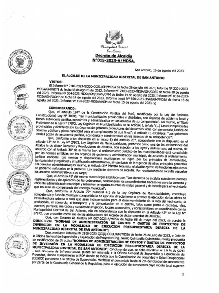 DA N° 15-2023-A-MDSA Modificación DA N° 07-2023-A-MDSA | PDF