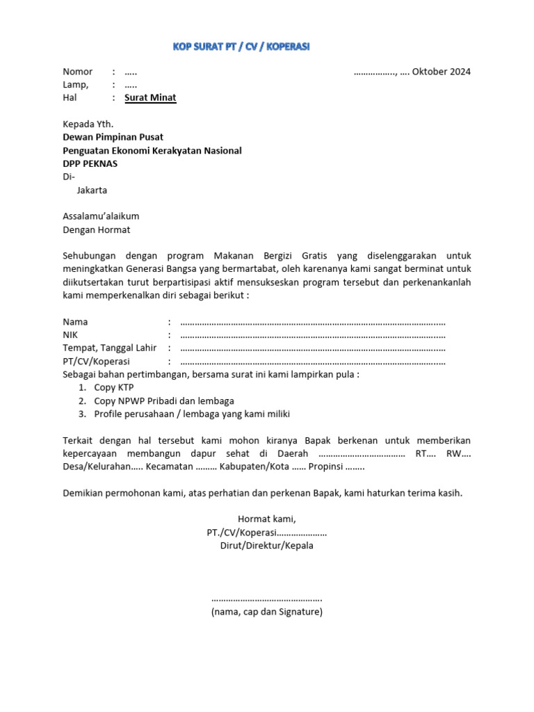 Surat Minat Program Makanan Bergizi | PDF