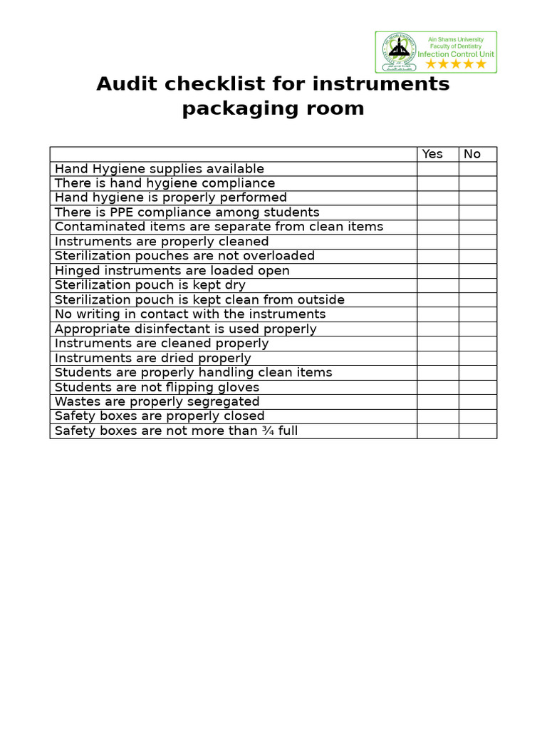 Instrument Packaging Room Audit Checklist | PDF