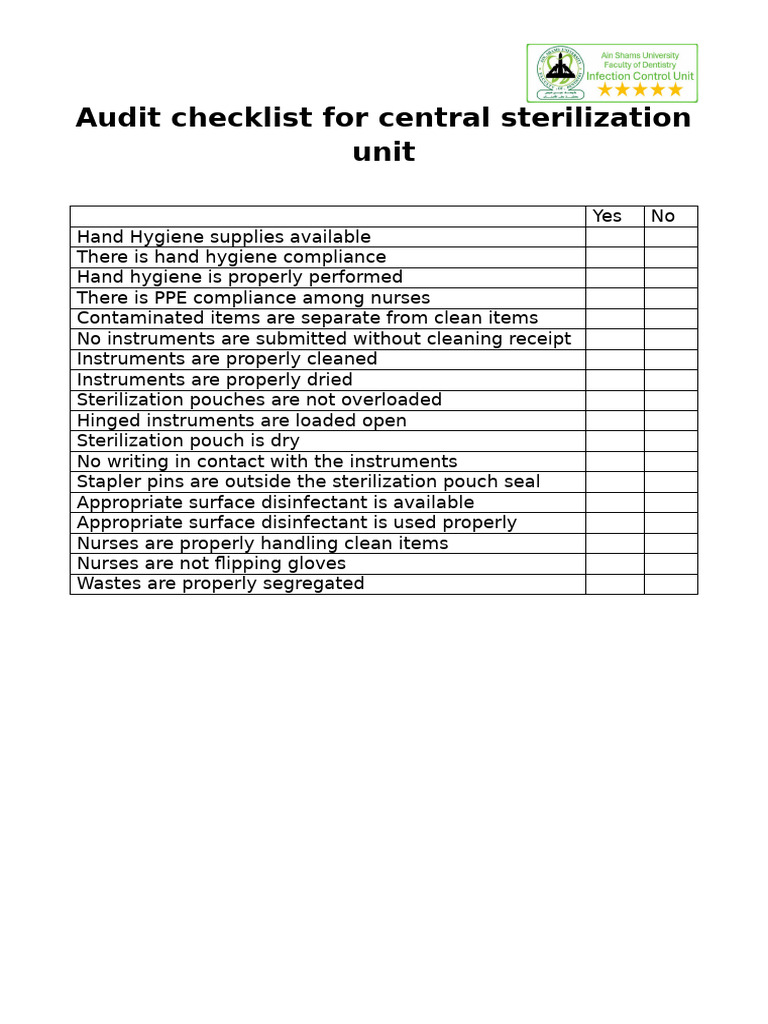 Audit Checklist For Central Sterilization Unit | PDF