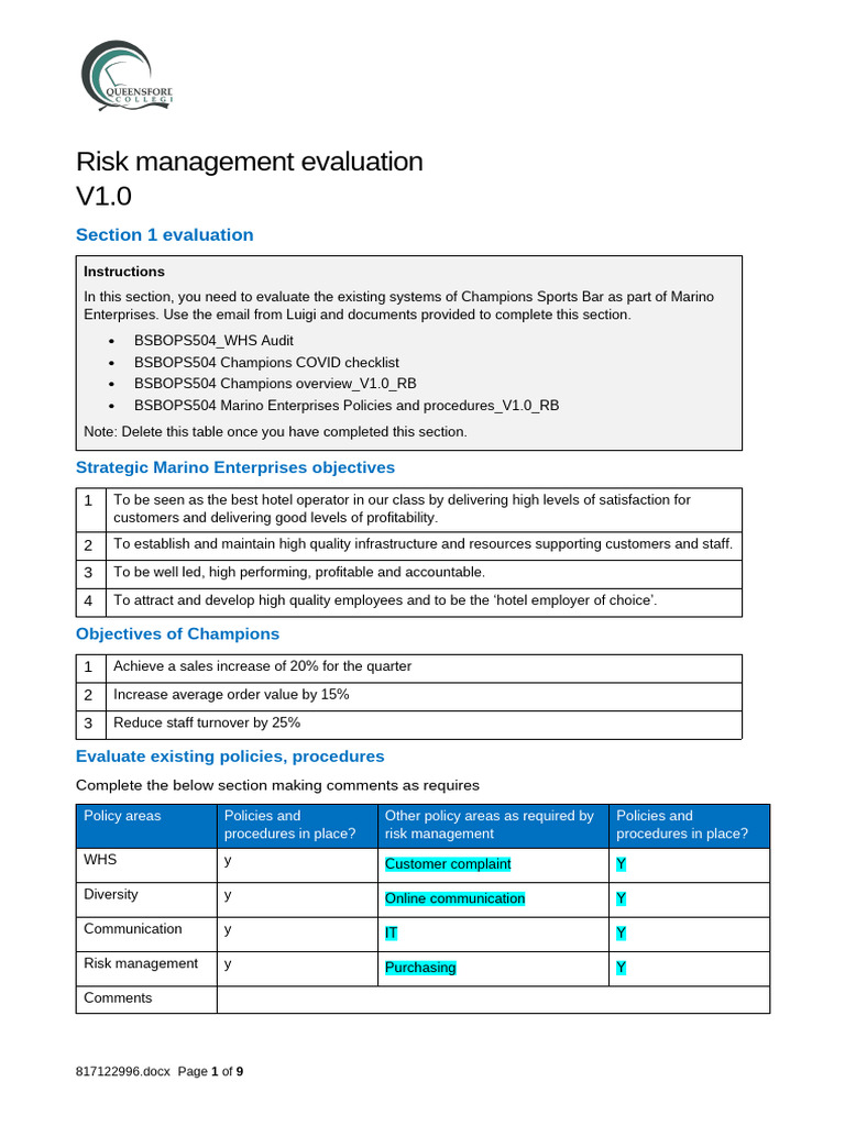 Task 2 BSBOPS504 AT2 Of2 Q1 Risk Management Evaluation Template V1.0 ...