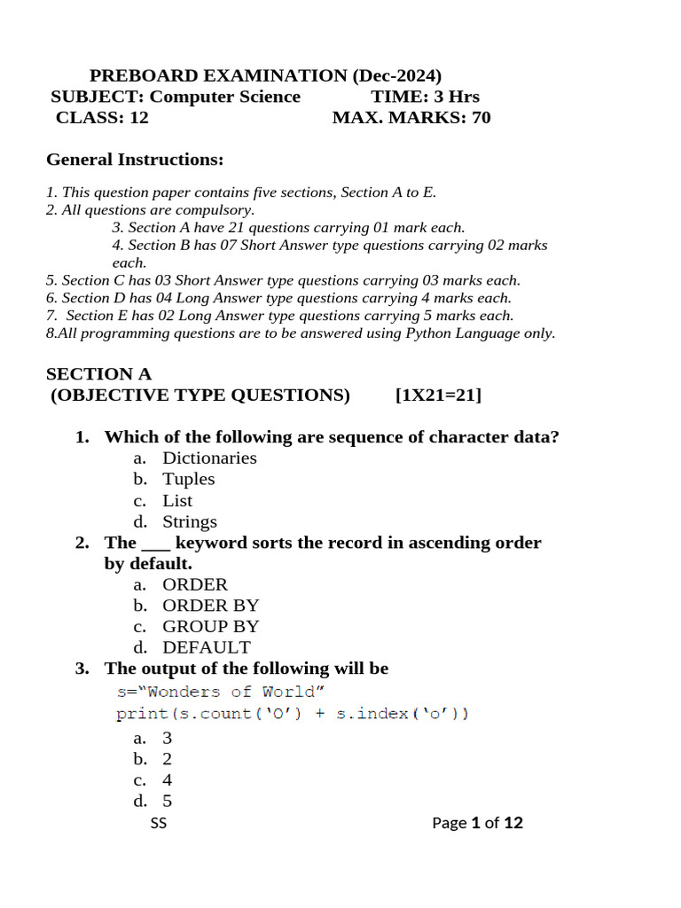 12 CS PreBoard SS 2024 | PDF | Computer Programming | Computing