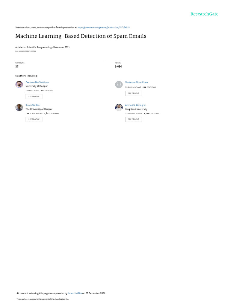 Machine Learning-Based Detection of Spam Emails: Scientific Programming ...