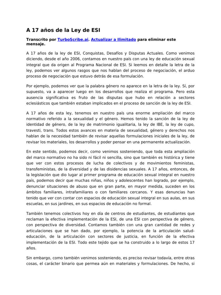A 17 Años de La Ley de ESI | PDF | Educación sexual | Plan de estudios