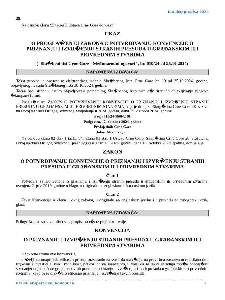 Zakon o Potvrdjivanju Konvencije o Priznanju I Izvrsenju Stranih ...