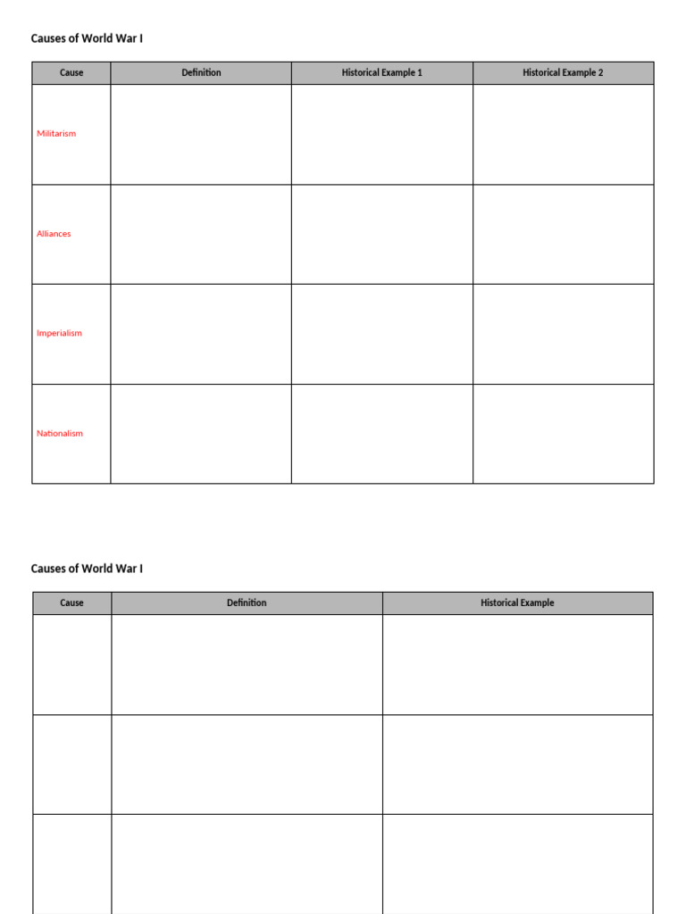 Causes of WWI Organizer | PDF