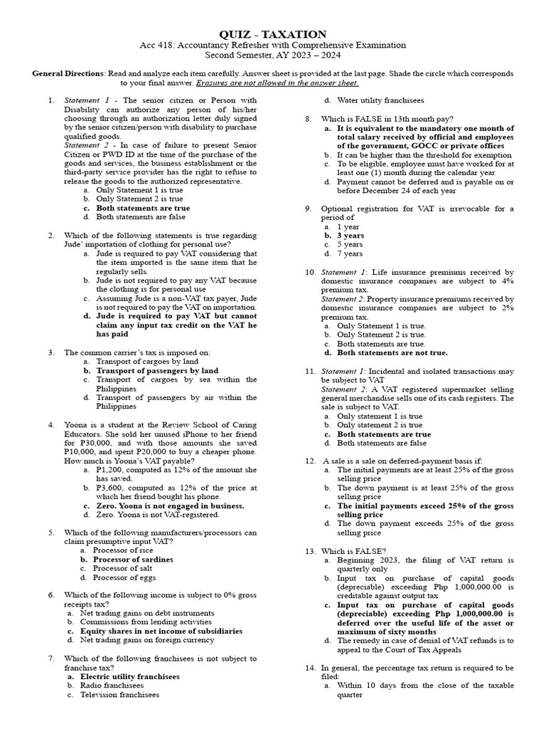 Taxation Quiz for Accountancy Refresher | PDF | Value Added Tax | Taxes